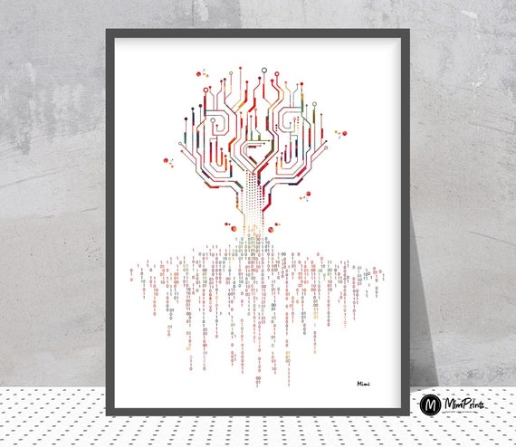 Abstract Tree With Binary Code Roots Watercolor Print Computer - Etsy