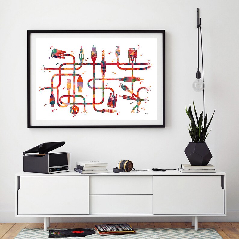 Computer Network Science Art Print Plugs and Wires Watercolor Poster PC ...