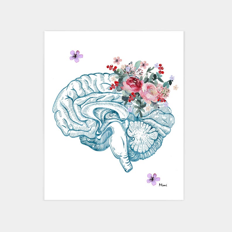 Brain Cross Section Print - Floral Anatomy Art in Pastel and Sage Tones ...