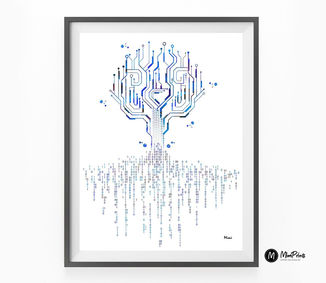 Abstract Tree With Binary Code Roots Watercolor Print Computer - Etsy