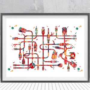 Computer Network Science Art Print Plugs and Wires Watercolor | Etsy