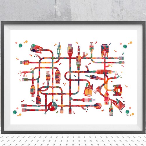 Computer Network Science Art Print Plugs and Wires Watercolor - Etsy
