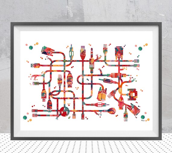 Computer Network Science Art Print Plugs and Wires Watercolor | Etsy