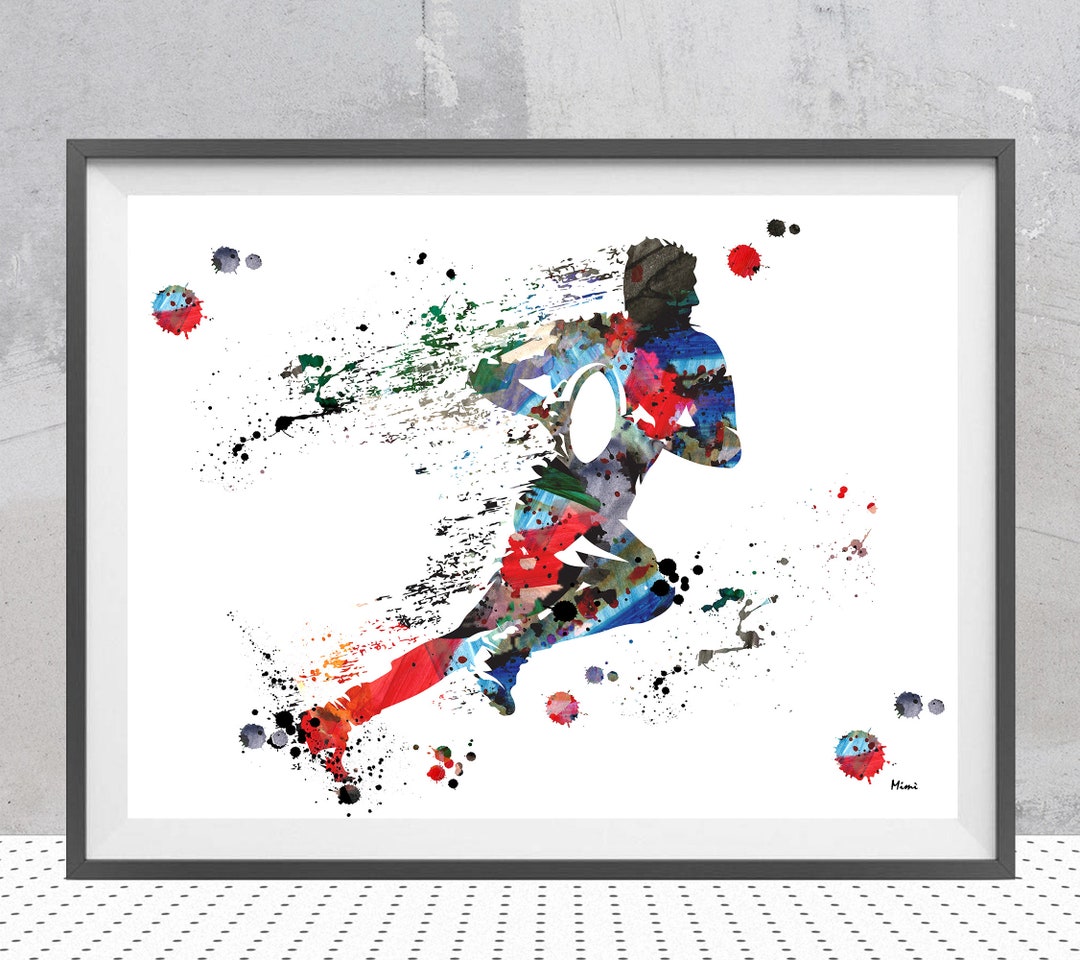 Rugby Player Watercolor Print Sport Art Poster Rugby Player Running ...
