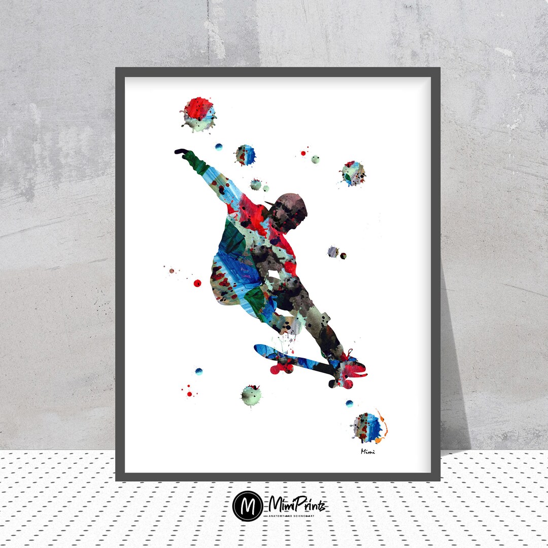 Skateboard Rider Watercolor Print Street-skating Poster Skateboarding ...