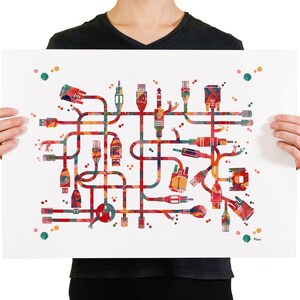 Computer Network Science Art Print Plugs and Wires Watercolor Poster PC ...