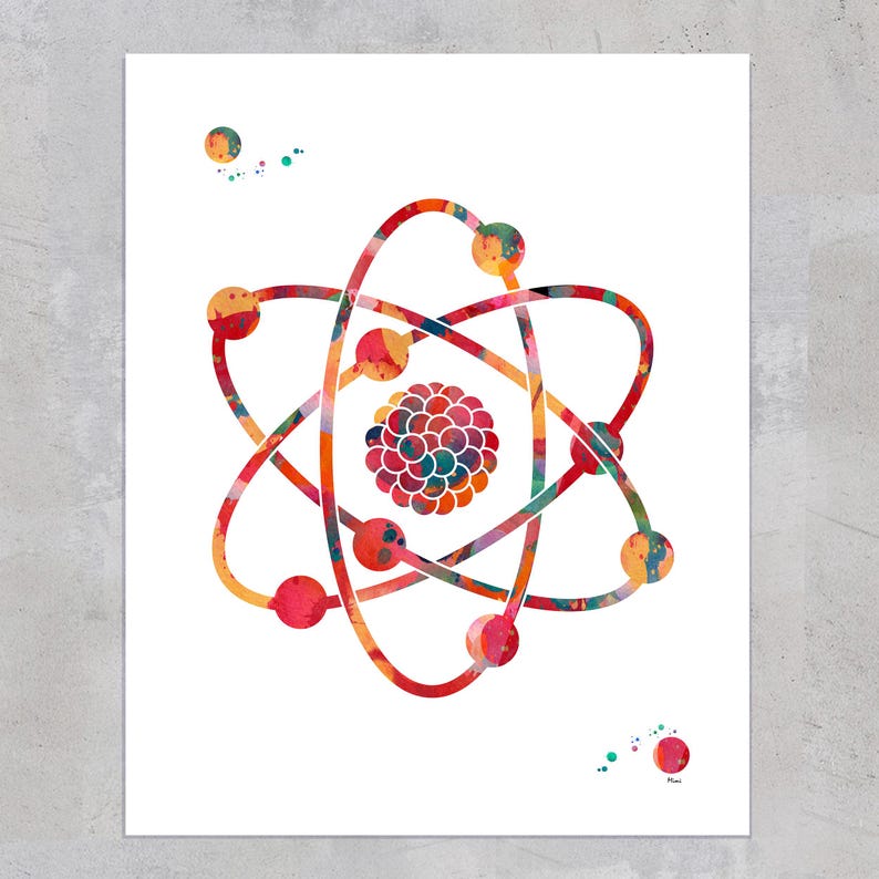 Atom Science Art Print Atomic Structure and Isotopes Watercolor Physics ...