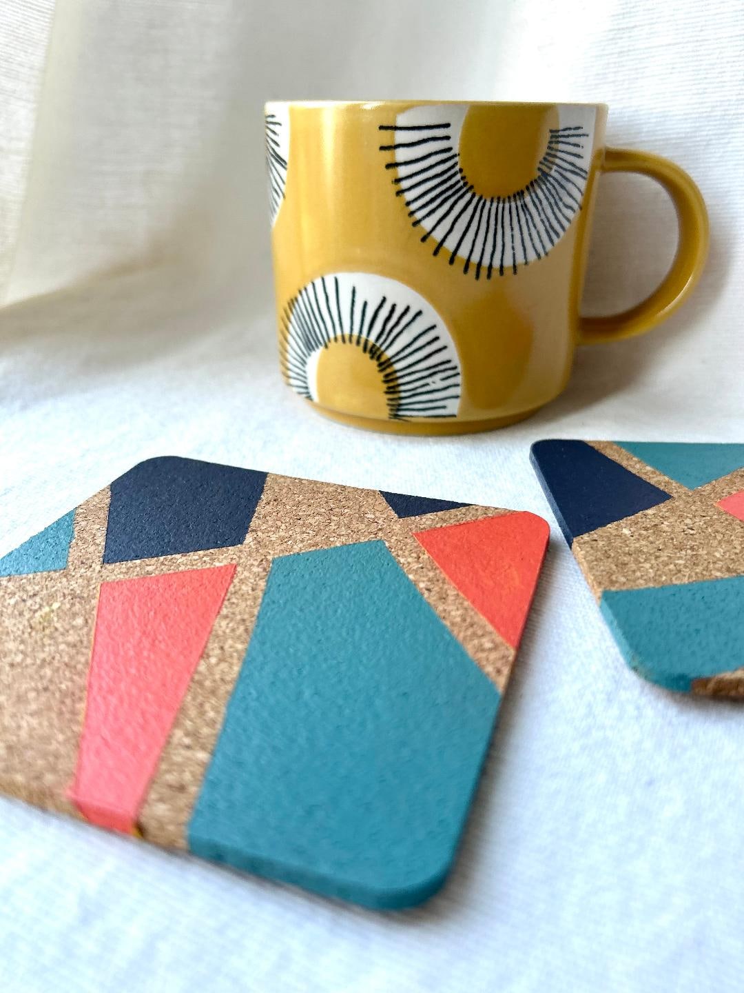 Cork Coaster Set, Hand Painted Geometric Modern Design, House Warming ...