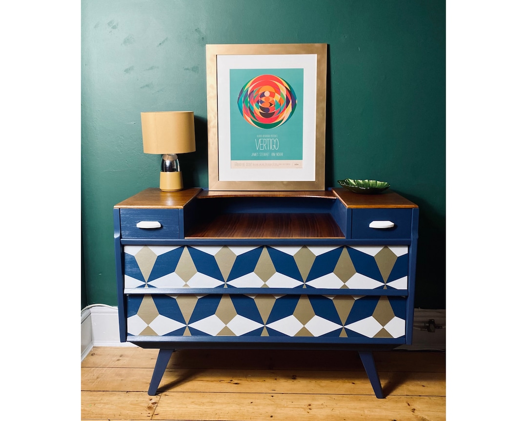 MCM Dressing Table, NOW SOLD, Hand Painted Cobalt Blue, Geometric ...