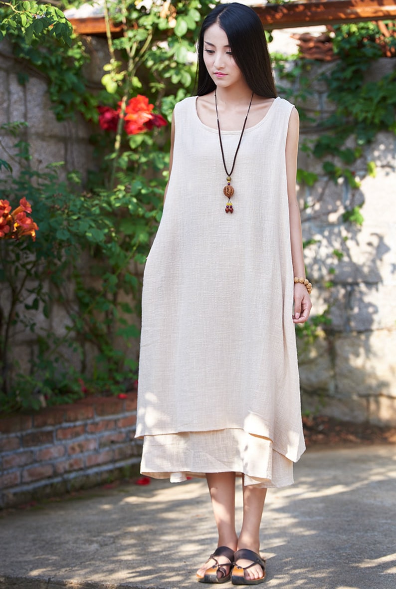 Womens Loose Fitting Sleeveless Cotton and Linen Jumper Dress, Linen ...