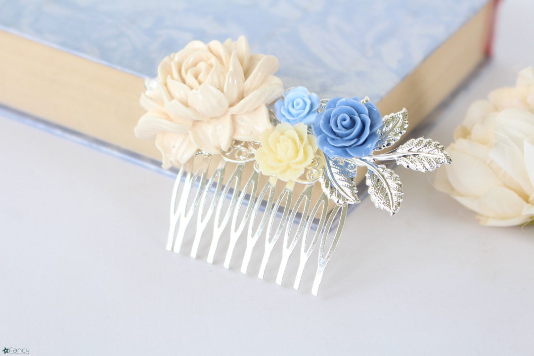 Dusty Blue Flower Hair Comb, Dusty Blue Hair Comb, Dusty Blue Wedding ...