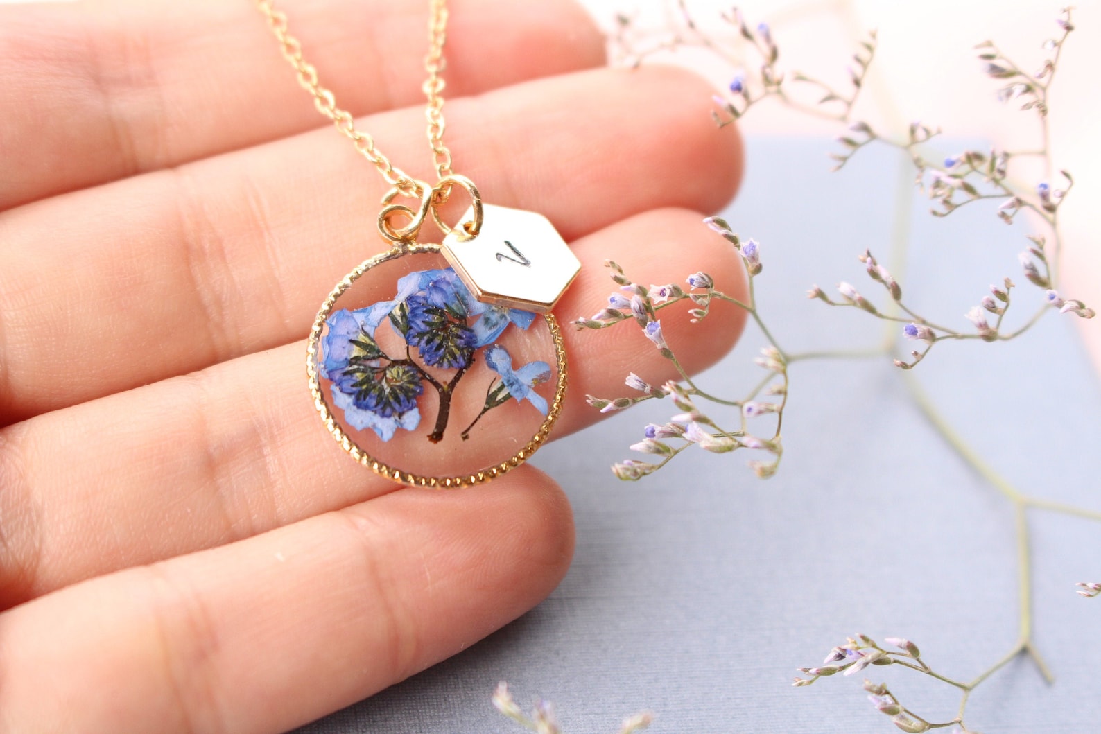Forget Me Not Necklace Gold With Initial Charm Personalized - Etsy