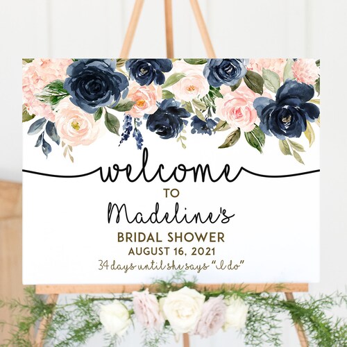 Navy Blue and Blush Pink Floral Welcome Sign Template Floral - Etsy