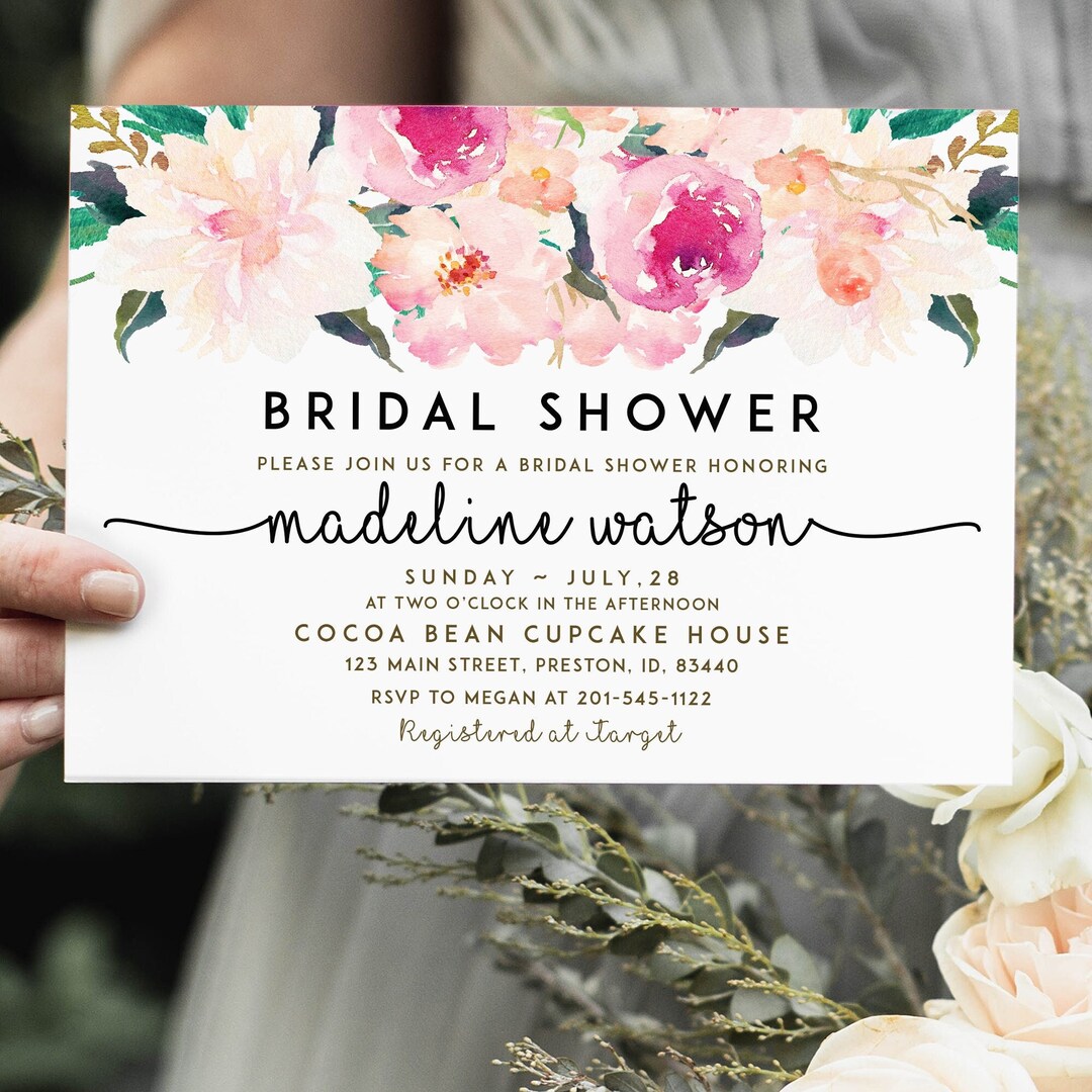 Bridal Shower Invitation, Watercolor Floral Wedding Card, Pink Summer ...