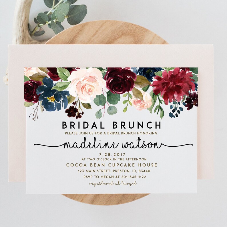 Fall Floral Bridal Brunch Invitation Burgundy DIY INSTANT | Etsy