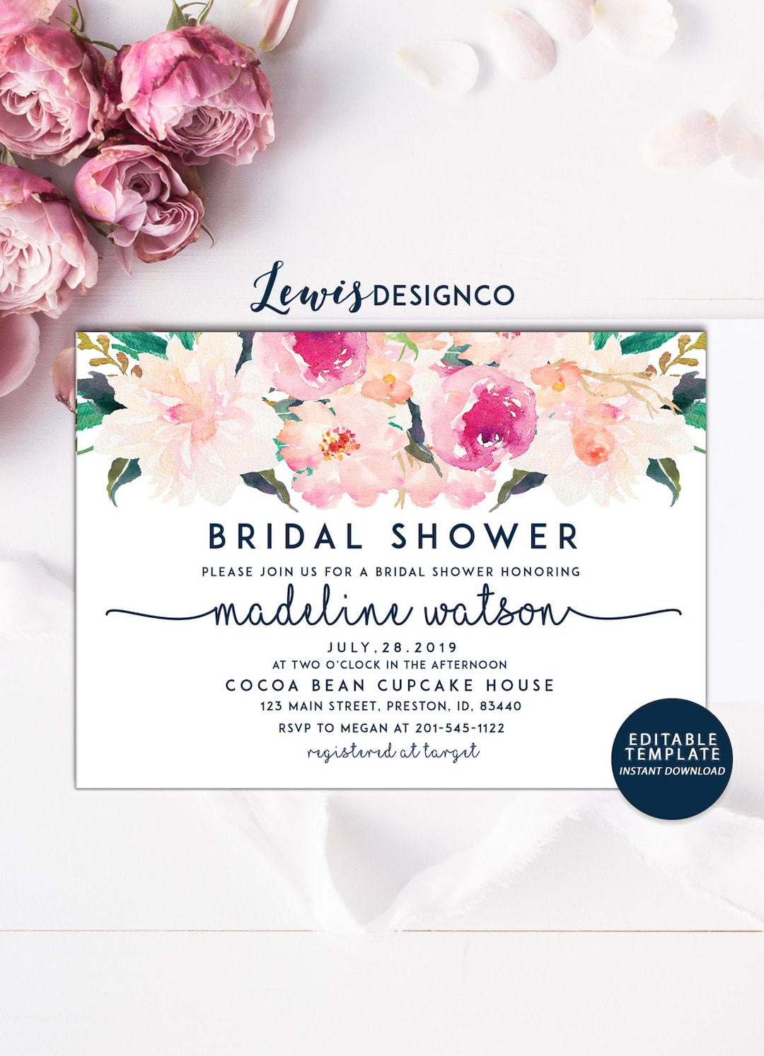 Bridal Shower Invitation | Printable Card Edit Yourself | Watercolor ...