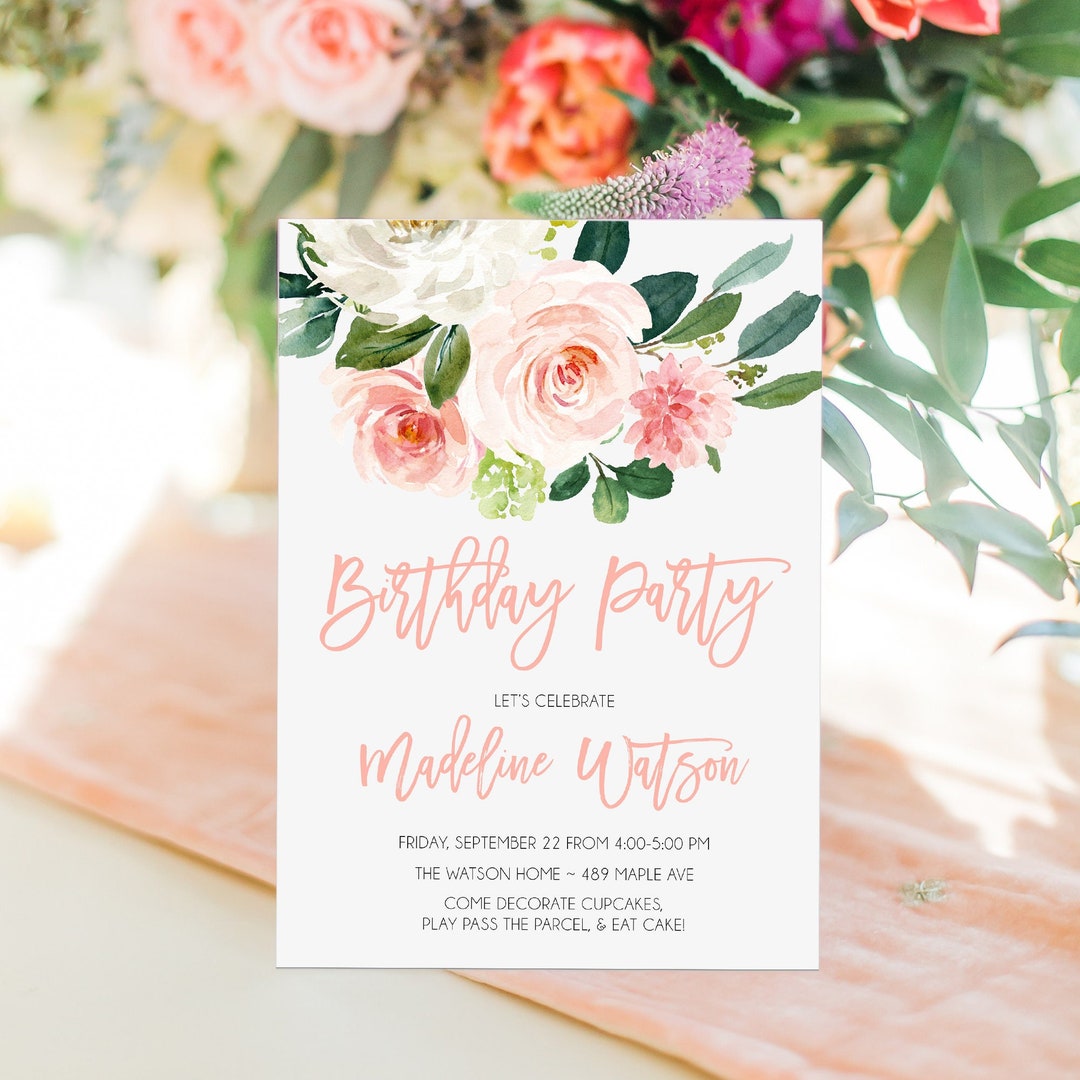 Blush Floral Birthday Party Invitation,birthday Party Invite Template ...