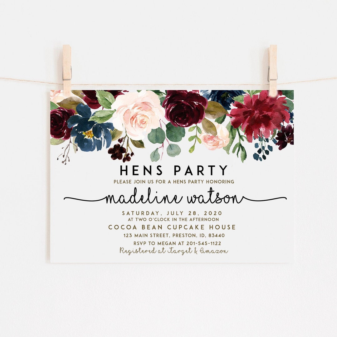 Hens Party Invitation, Fall Bridal Shower Invite, Watercolor Red Floral ...