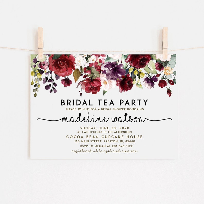 Fall Bridal Tea Party Invitation Burgundy Blush Bridal Shower - Etsy