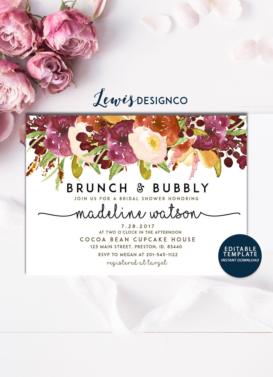 Autumn Brunch and Bubbly Invitation, Fall Floral Bridal Shower ...
