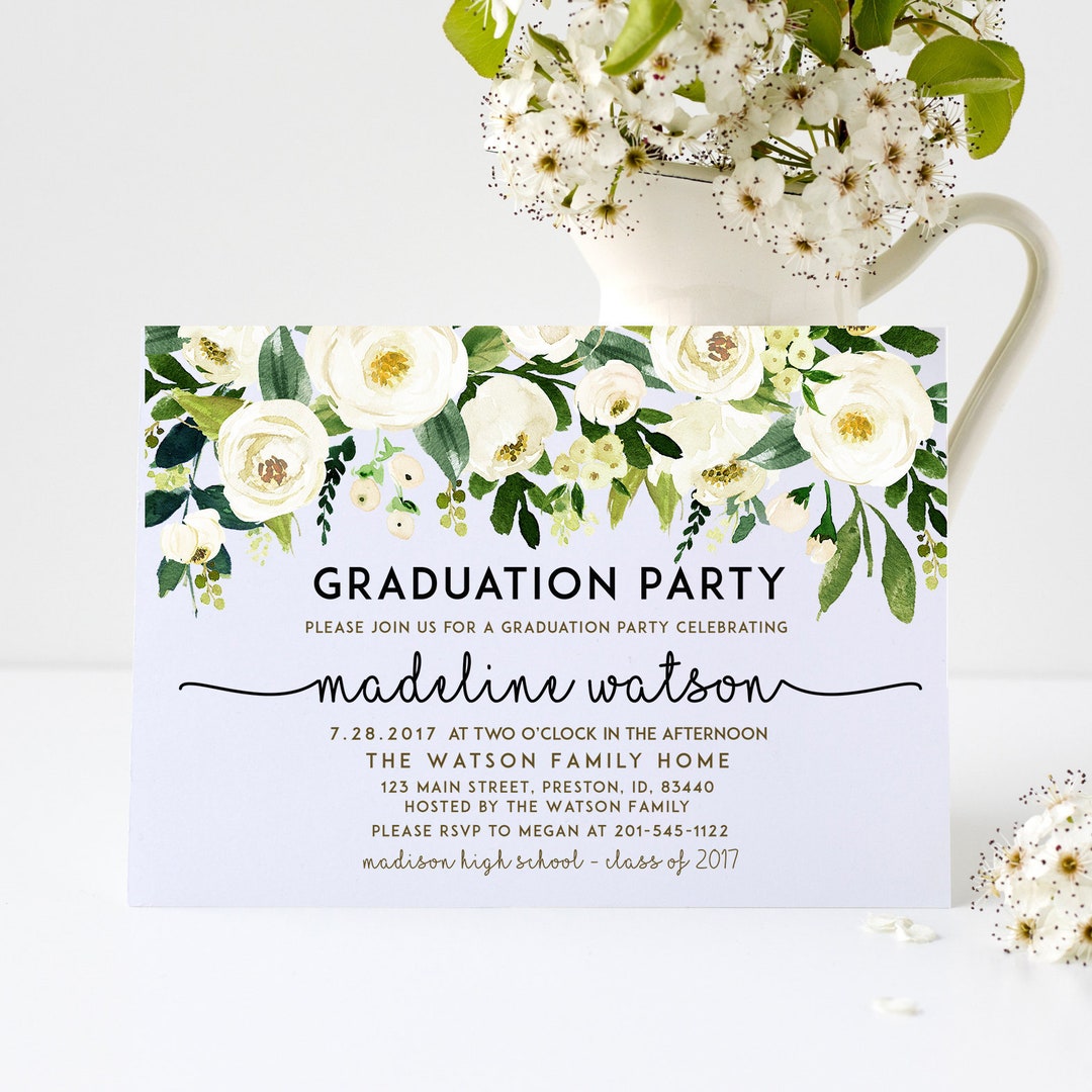 Green Floral Graduation Party Invitation, Floral High School Graduation ...