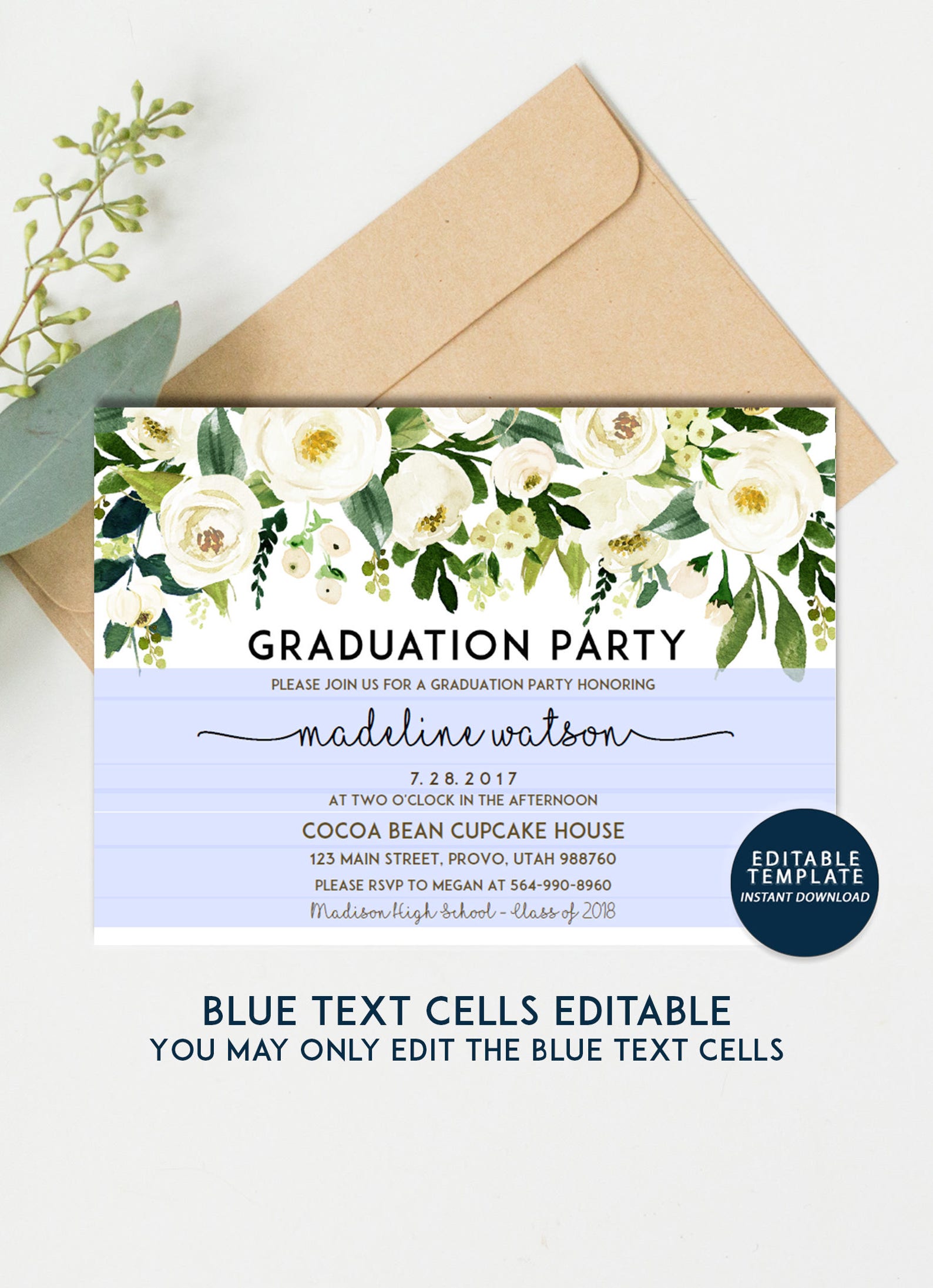Green Floral Graduation Party Invitation Floral High School | Etsy