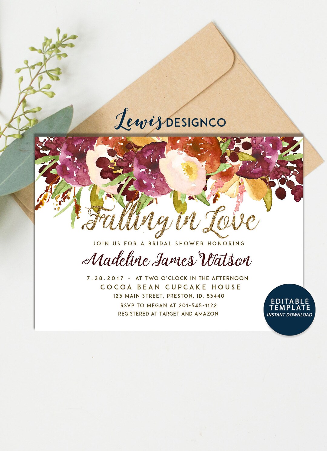 Autumn Bridal Shower Invitation, Instant Download, Watercolor Bridal ...