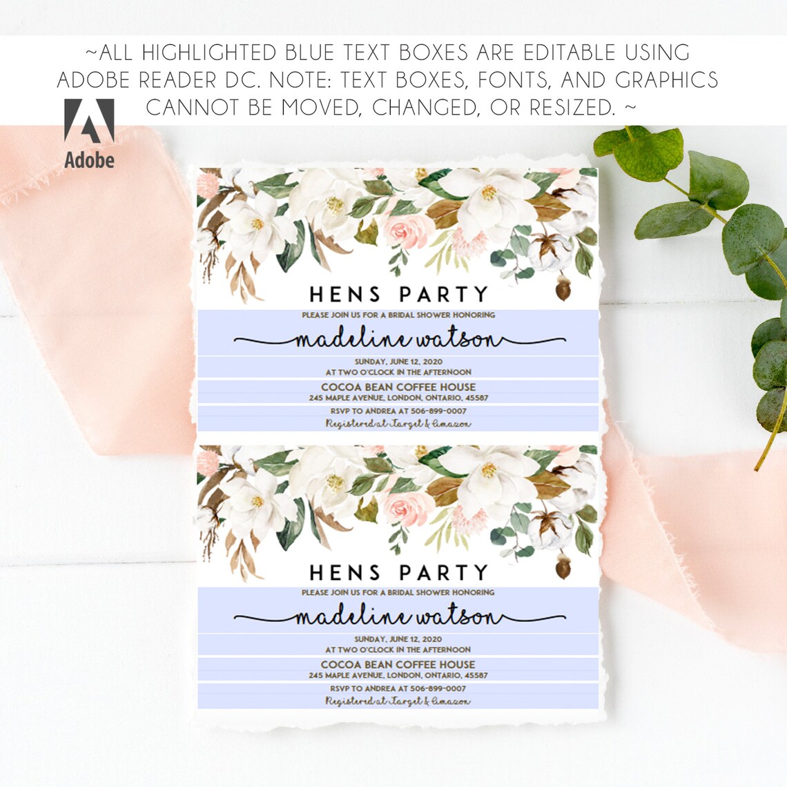 Hens Party Invitation Bridal Shower Invitation Magnolia - Etsy