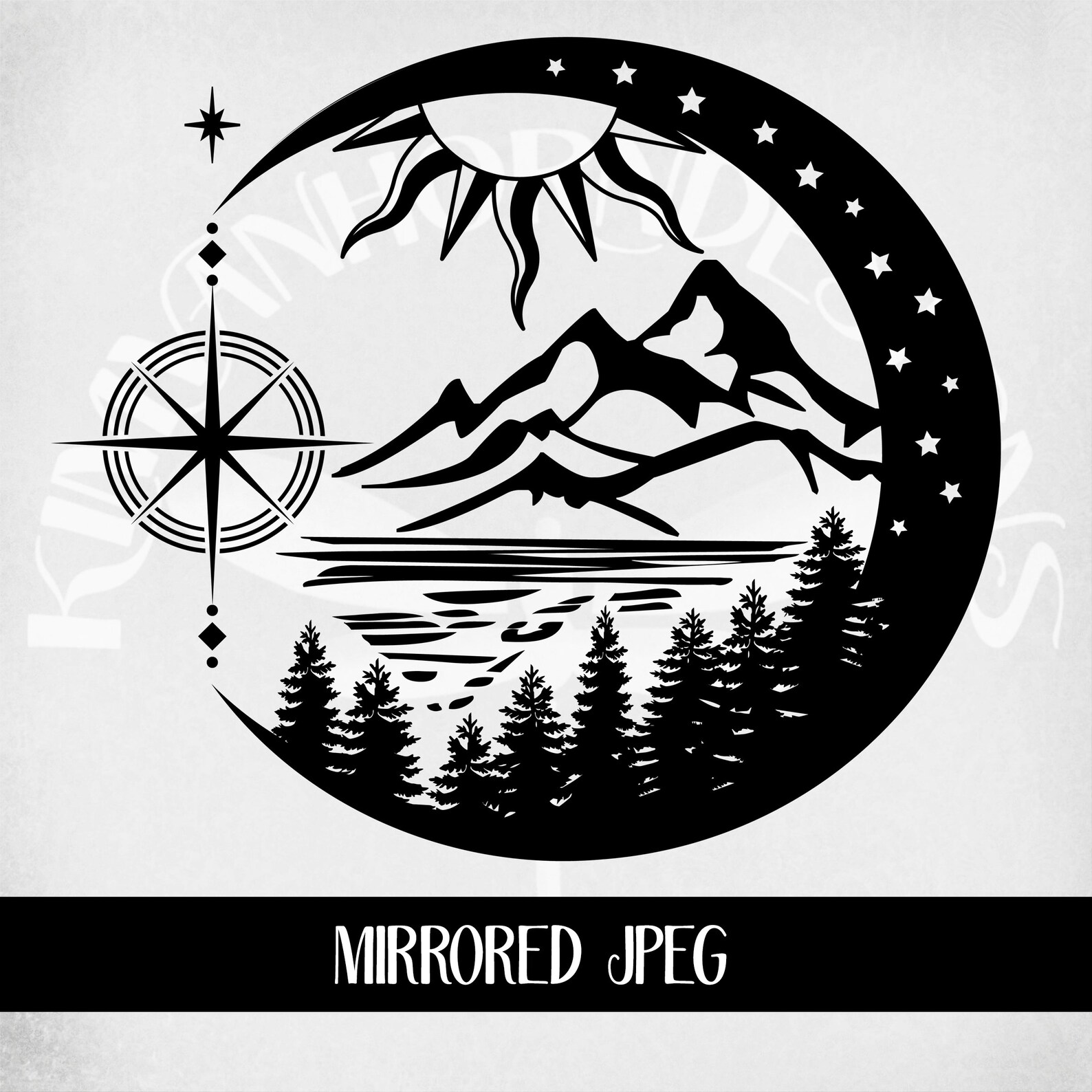 Compass Moon Mountain Scene With Trees and Sun Graphic Design - Etsy