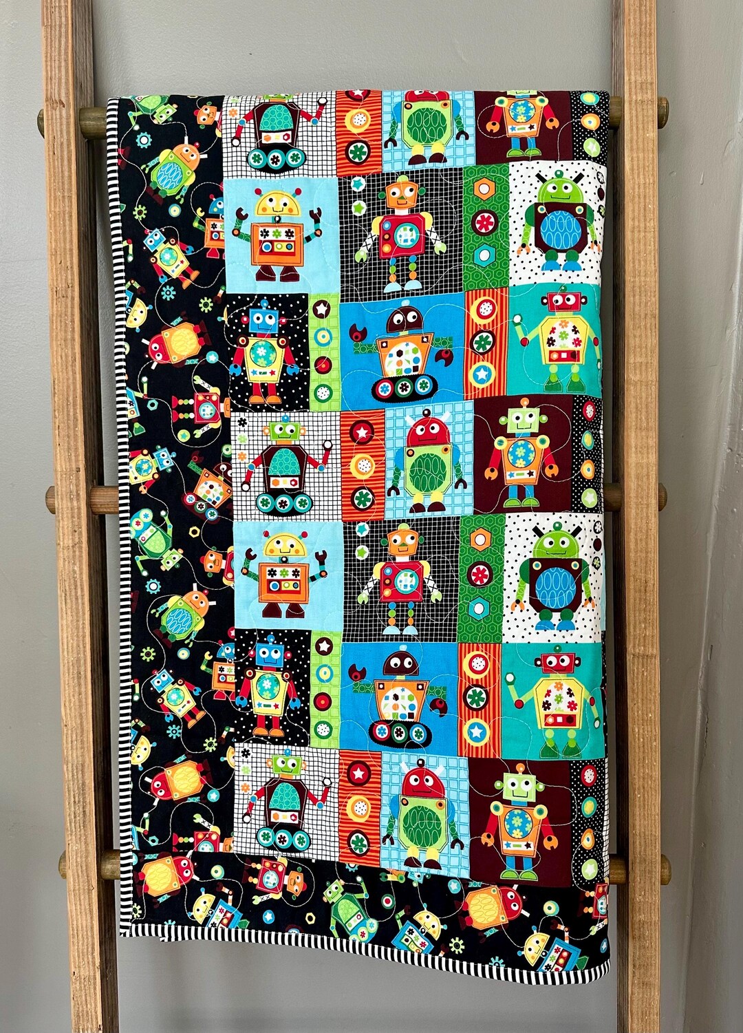 Robot Baby Quilt: Modern Patchwork Crib Bedding, Black White Red - Etsy