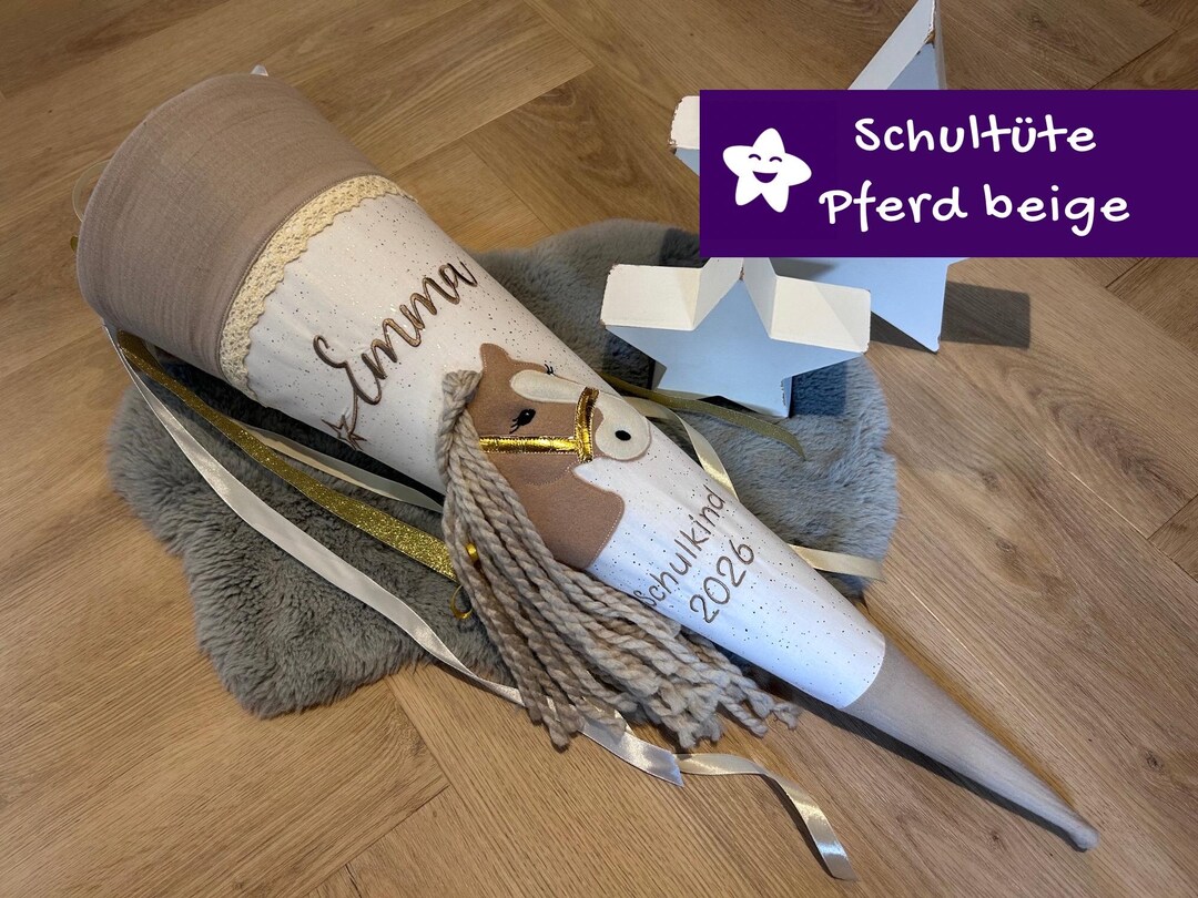 School Cone With Name Horse Horse Head With Wool Mane Beige Taupe Gold ...