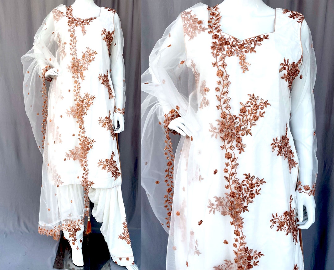 White Copper Net Suit With Net Dupatta, Patiala Salwar Suit ...