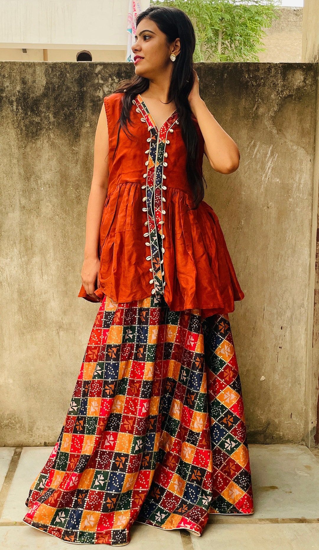 Embroidered Palazzo Long Kurti Set, With Border and Shell on Top ...