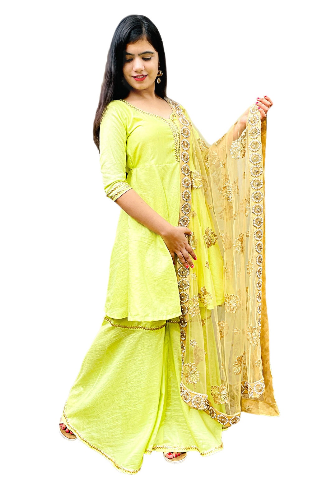 Light Yellow Green Color, Gharara Palazzo Set & Dress With Dupatta ...