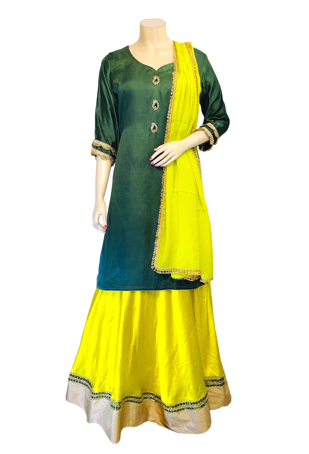 Hand Dyed Mehndi Green & Neon Green Color Pure Model Satin Silk Long ...