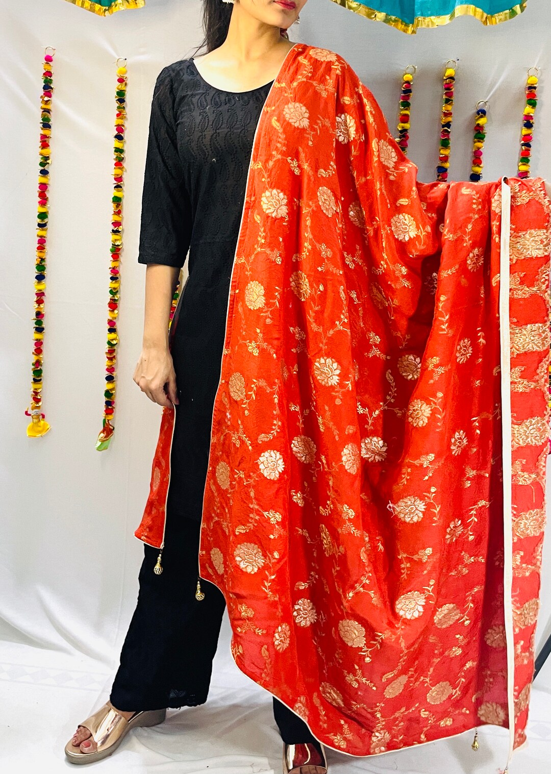 Orange Dupatta for Women, Pure Dola Silk Silver Golden Zari Floral ...