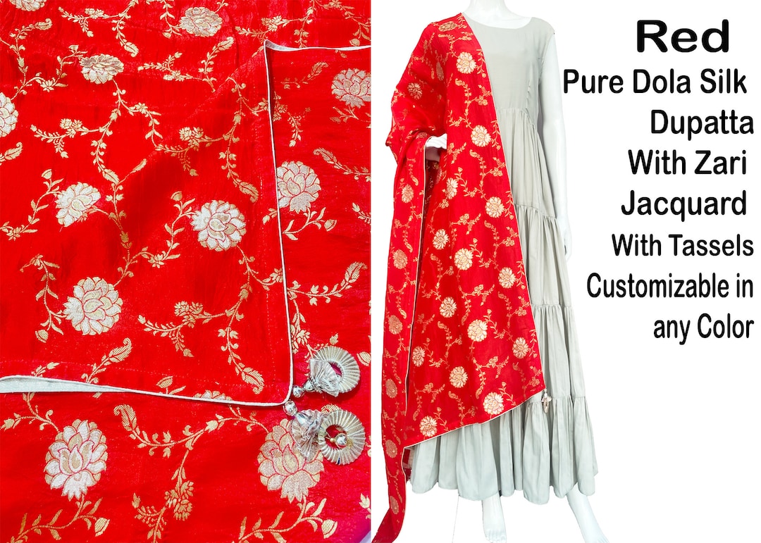 Red Dupatta for Women, Pure Dola Silk Silver Golden Zari Floral ...