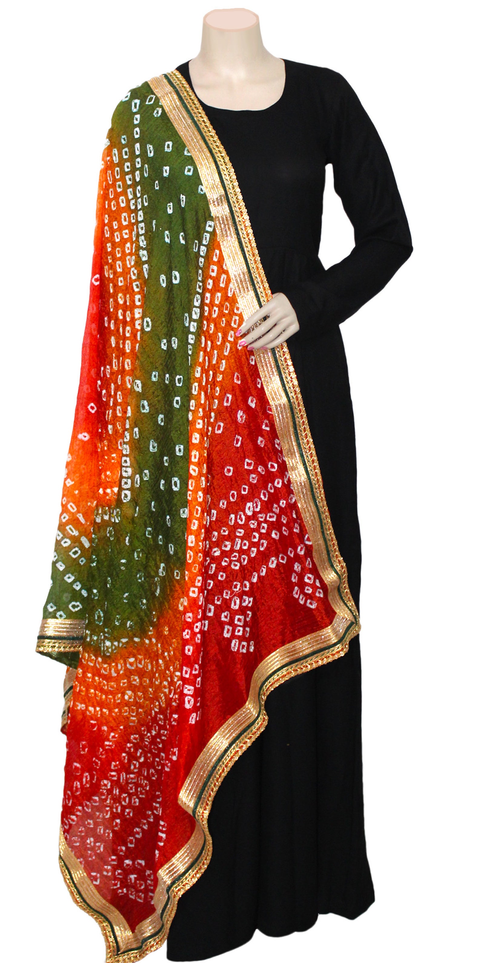 Orange & Golden Jaipuri Bandhani Art Silk Dupatta Golden Border ...