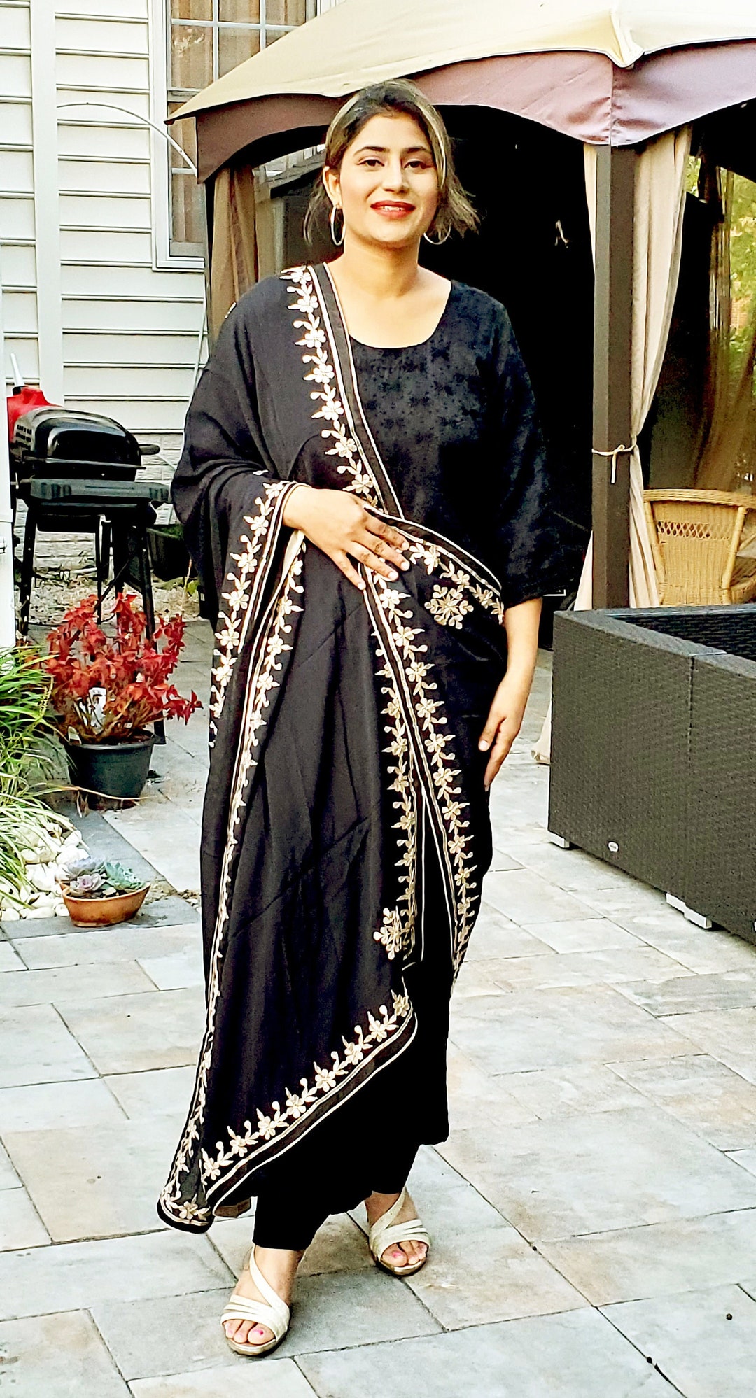 Black Color Traditional Phulkari Hand Work Kurta With Patiala Salwar Pure Chinon Embroidered ...