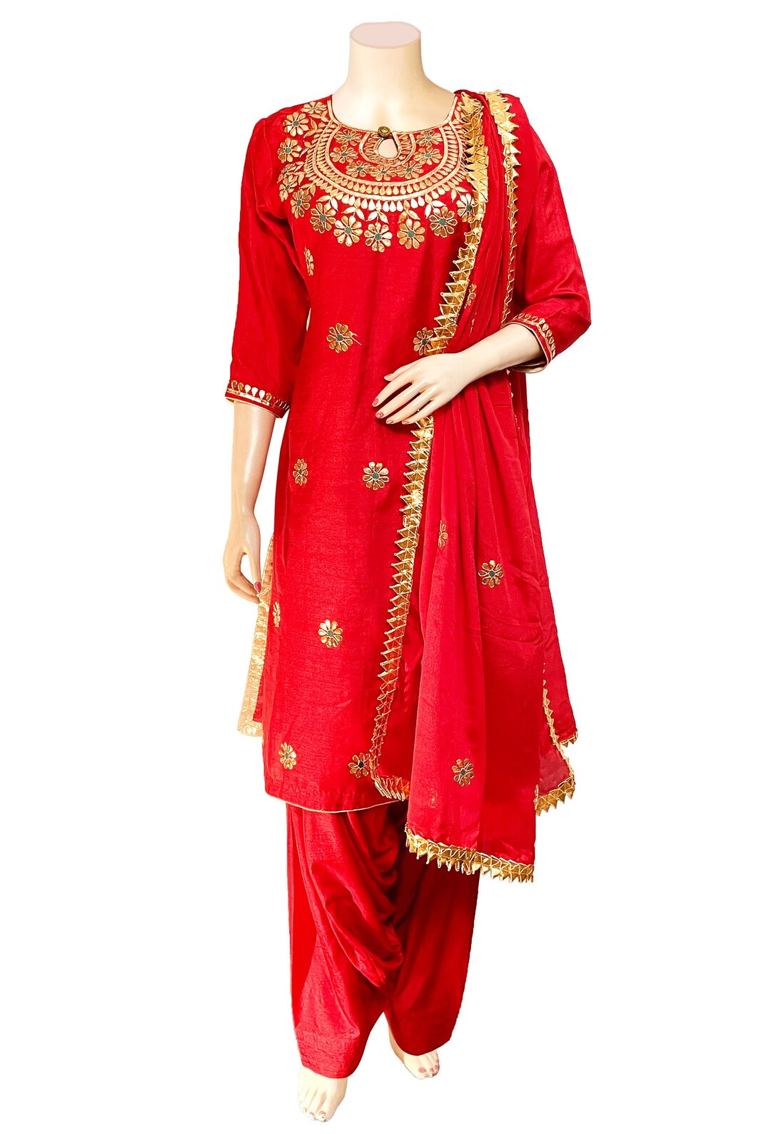 Red Patiala Salwaar Suit Set With Duppata Rajasthani Traditional Golden ...