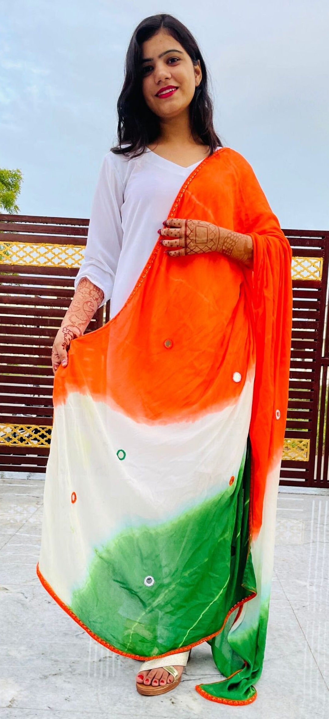 Tricolor Dupatta, Pure Chinon , Mirror Work Embroidery, Tiranga Dupatta ...