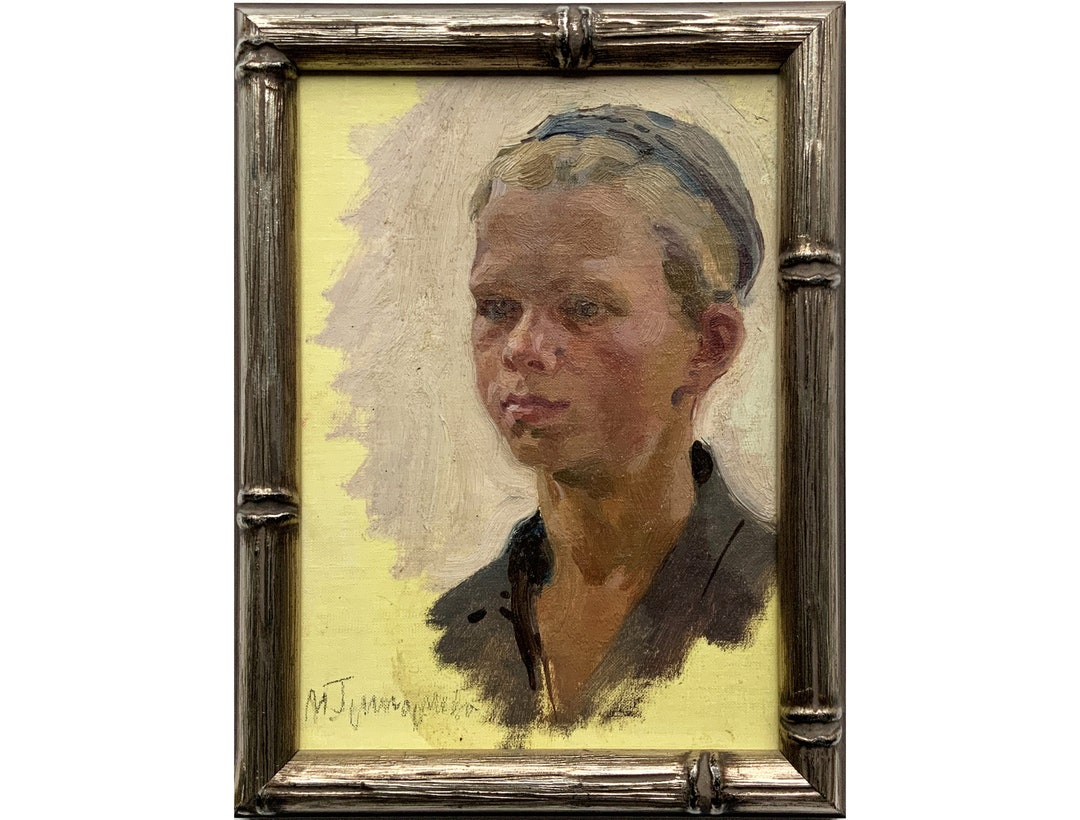 ANTIQUE PORTRAIT of a BOY Framed Mid Century Original Oil Painting by ...