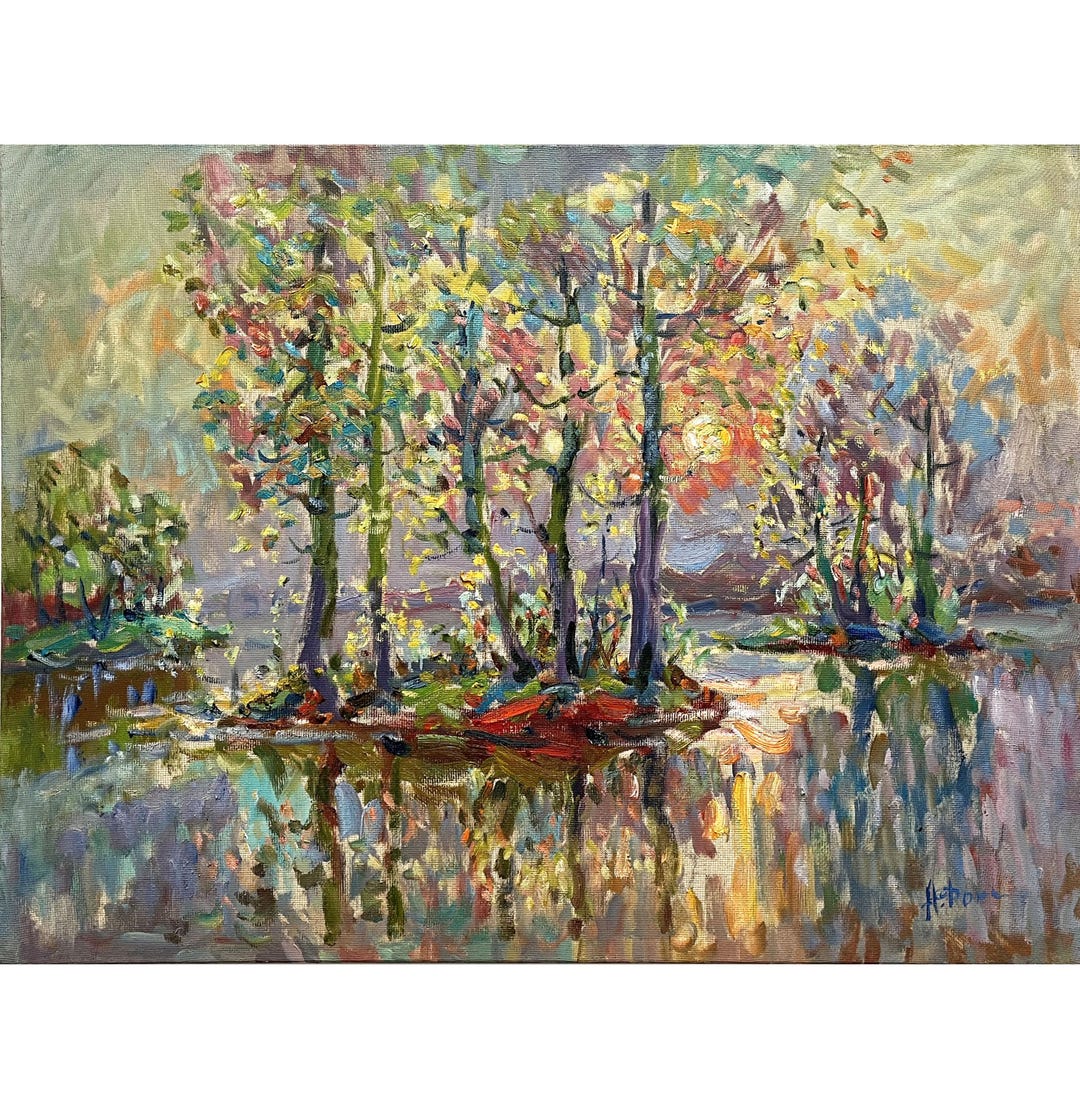 Vintage Original Oil Painting on Canvas Spring River Landscape by ...
