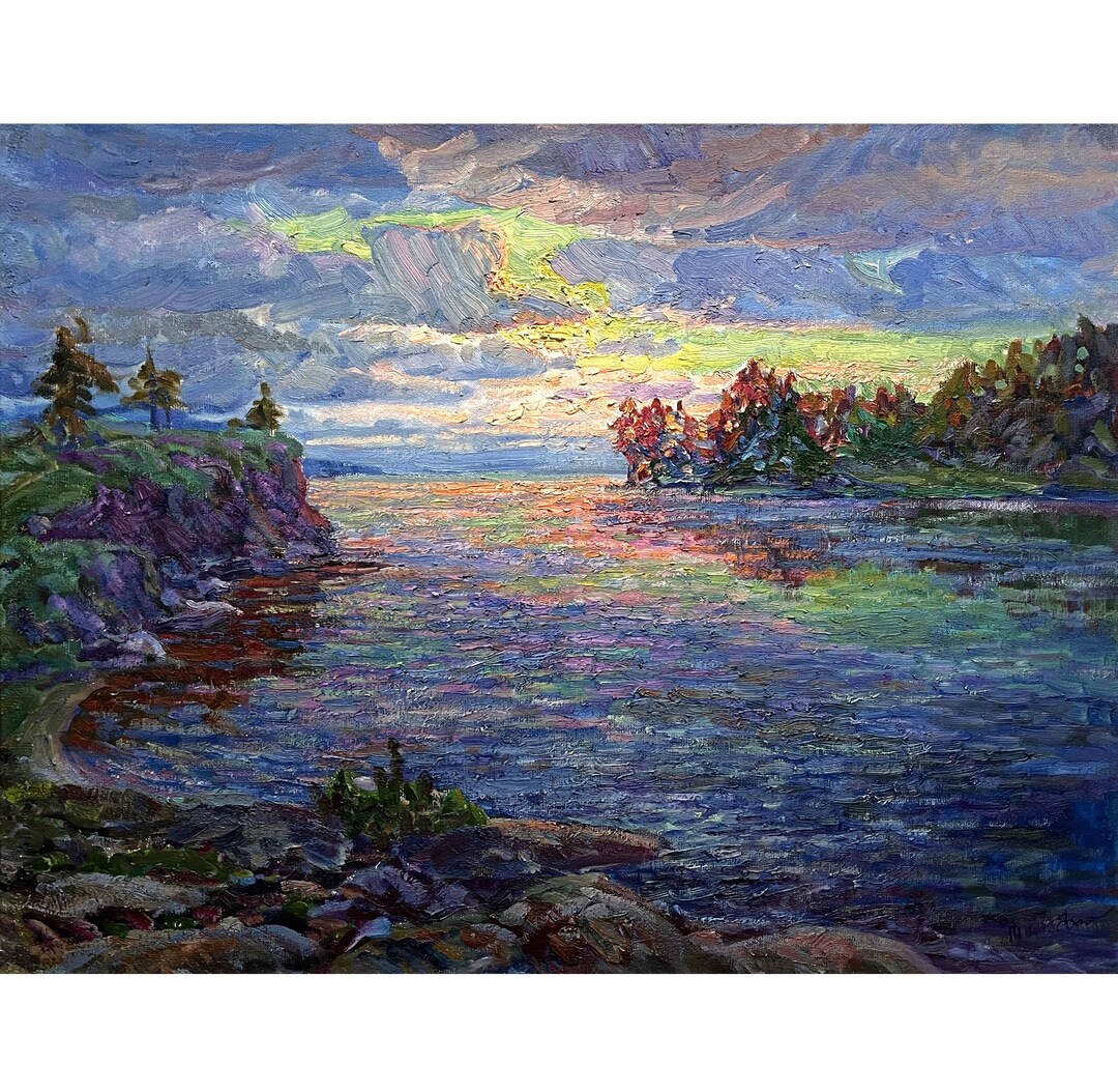 Vintage Original Oil Painting on Canvas Sunset Waterscape by Ukraine ...