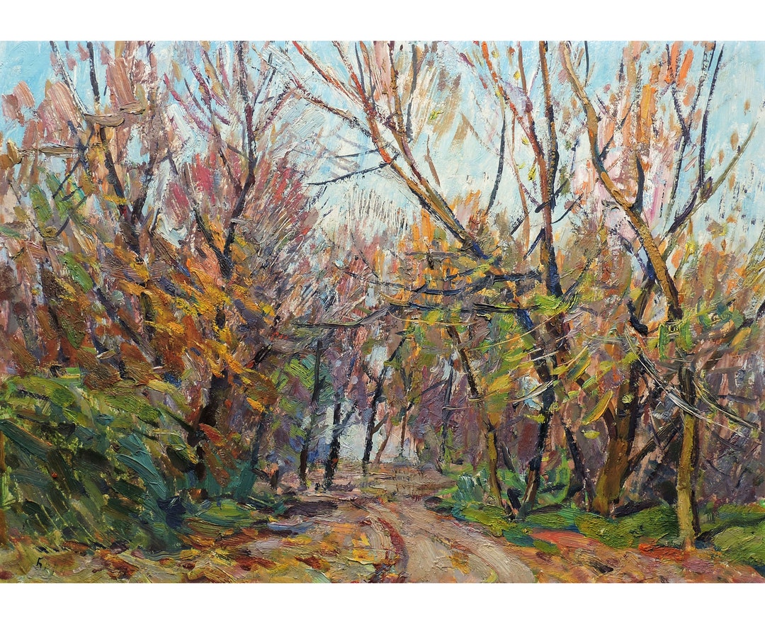 Vintage Original Oil Painting Autumn Forest Landscape by Ukrainian ...