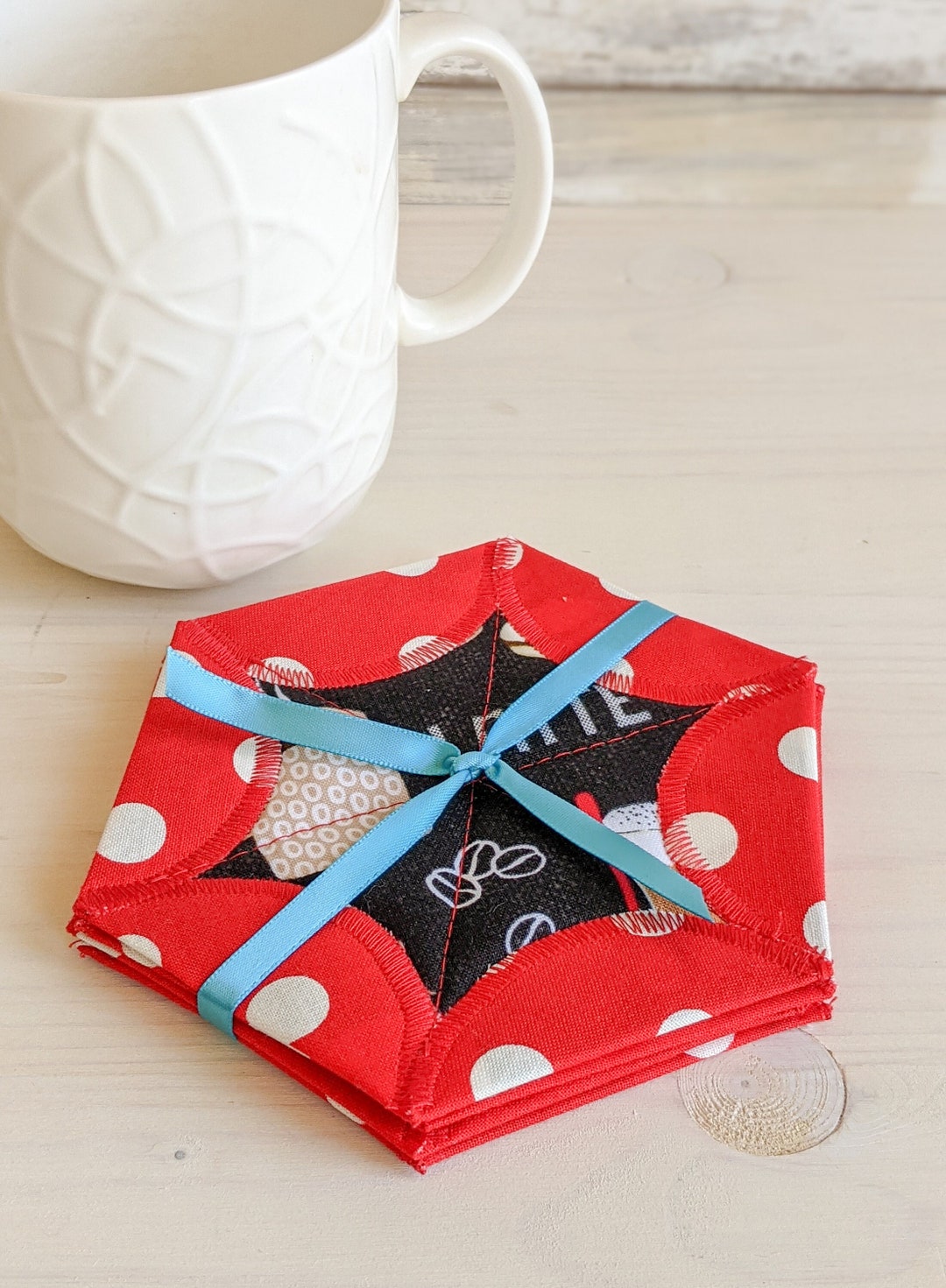 Handmade Coffee Inspired Coasters, Set of 4 Quilted Drink Mats, Fabric ...