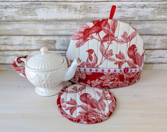 Quilted Tea Cozy, 3-pc Toile Tea Cozy Set With Trivet and Handle-wrap ...