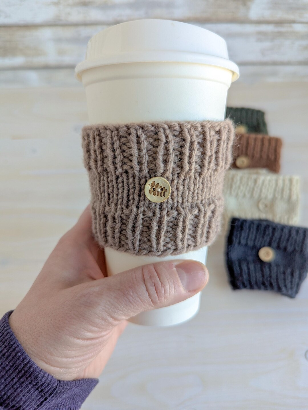 Handknit Wool Cup Cozy: Reusable Coffee Sleeve With Wood Button ...