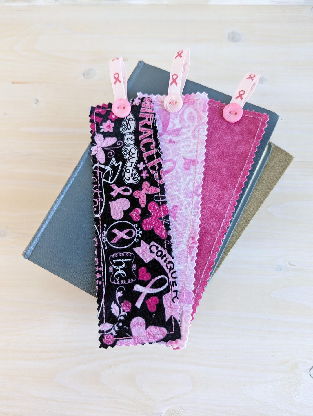 Handmade Breast Cancer Awareness Bookmarks, Set of 3 Pink Ribbon Fabric ...