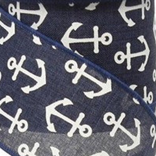 White Anchor on Navy Blue Wired Ribbon Nautical 2.5 X - Etsy